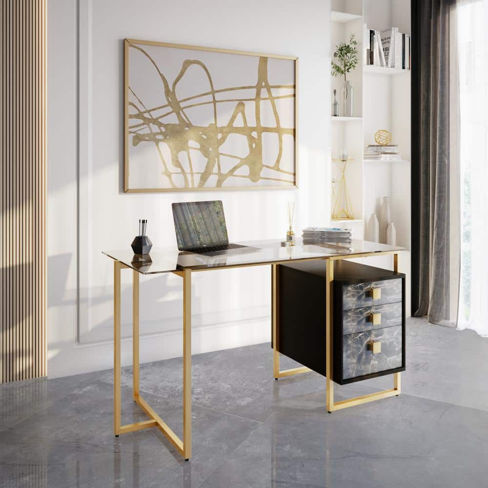 TECHNI MOBILI 55.91 in. W Gold Computer Desk with Storage RTA-4837D-GLD ...
