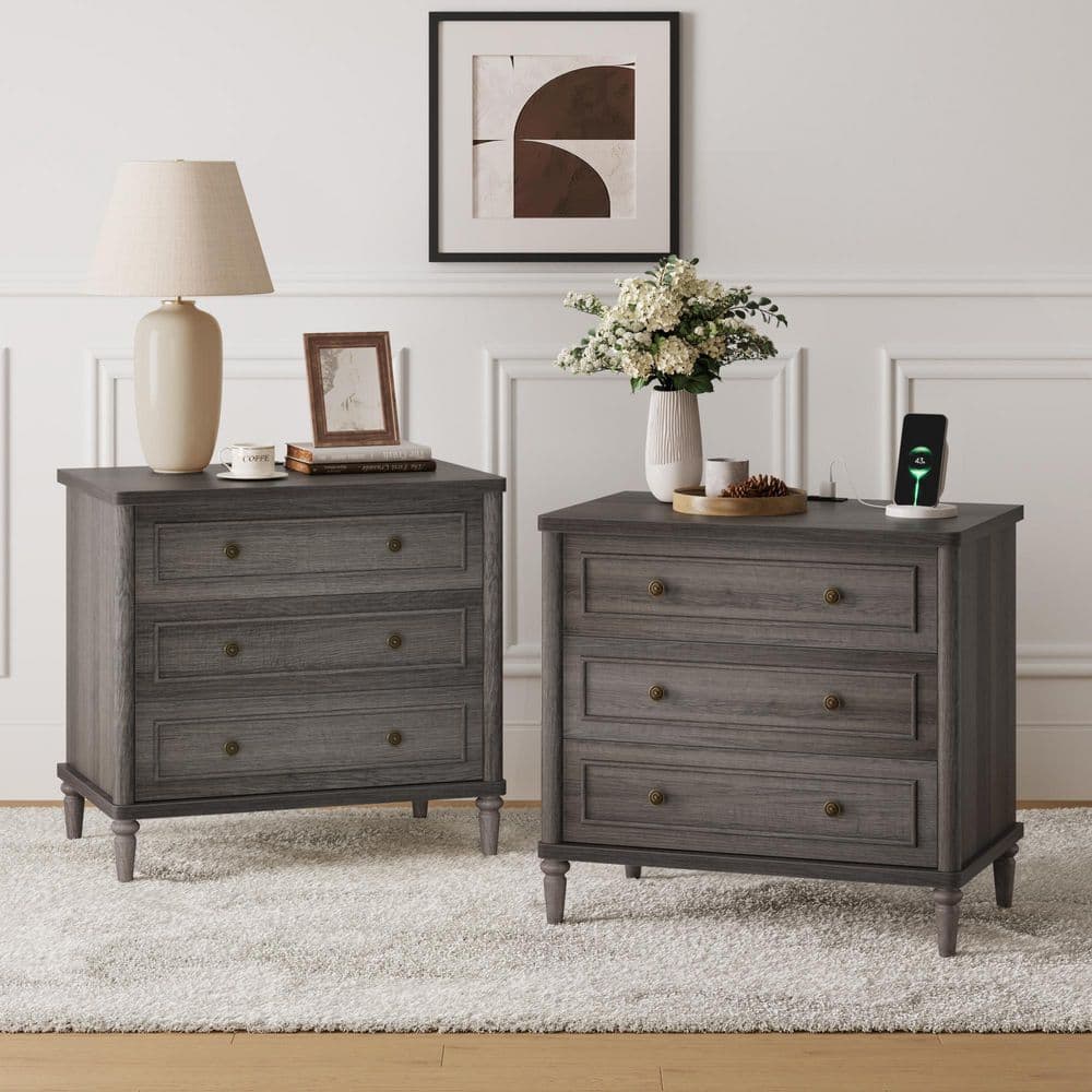 Bestier (Set of 2)Dark Grey 30 in. W Traditional 3-Drawer Nightstand ...