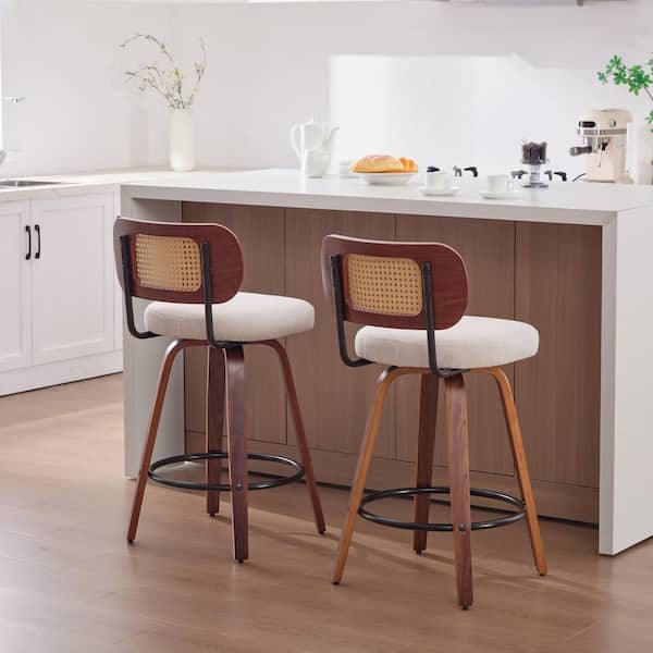 Noble House Ruby 35.43 in. H Beige Wood Upholstered Counter Bar Stool ...