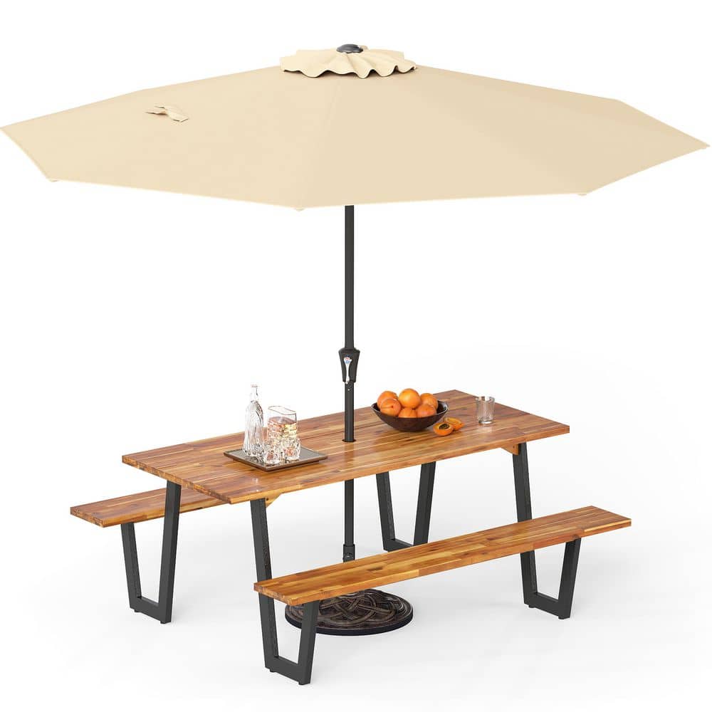 Gymax 71 in. Brown Rectangle Acacia Wood Picnic Table Set Table Bench ...