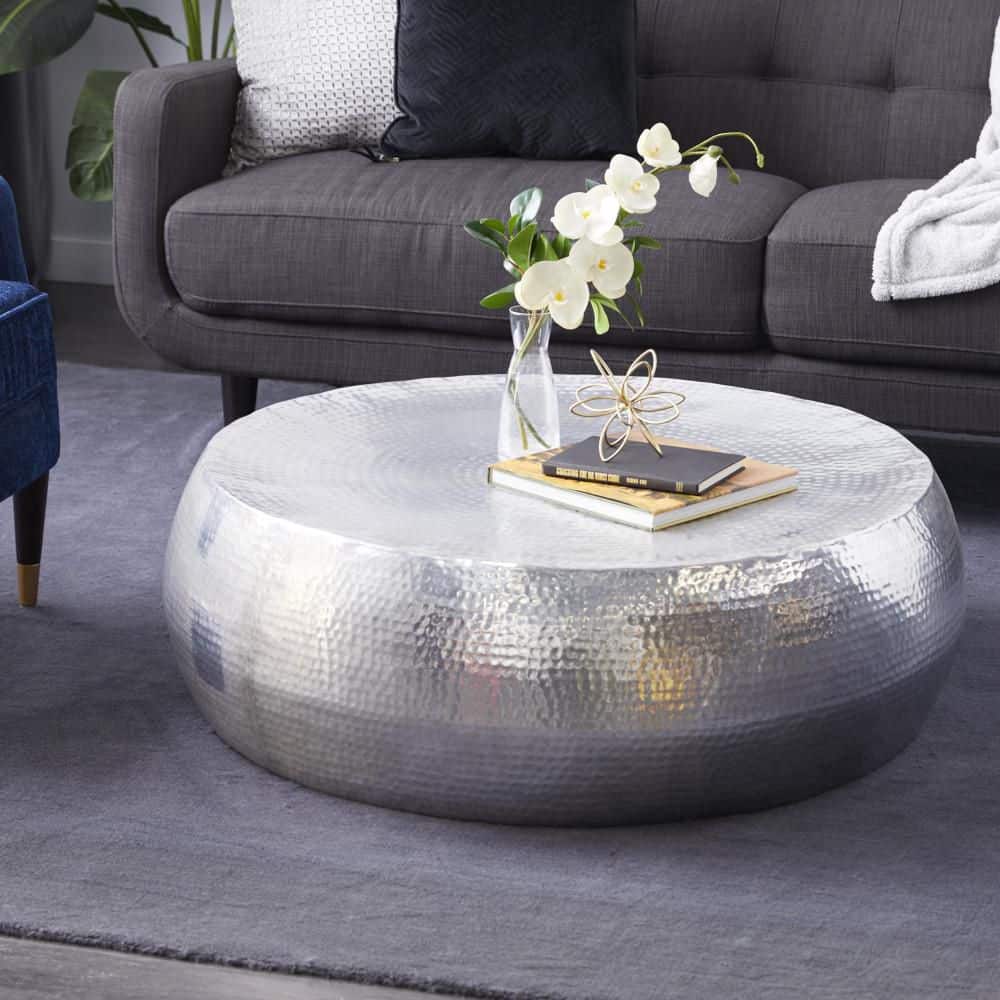 Litton Lane 42 in. Silver Medium Round Aluminum Drum Shaped Coffee Table with Hammered Design 23913 The Home Depot