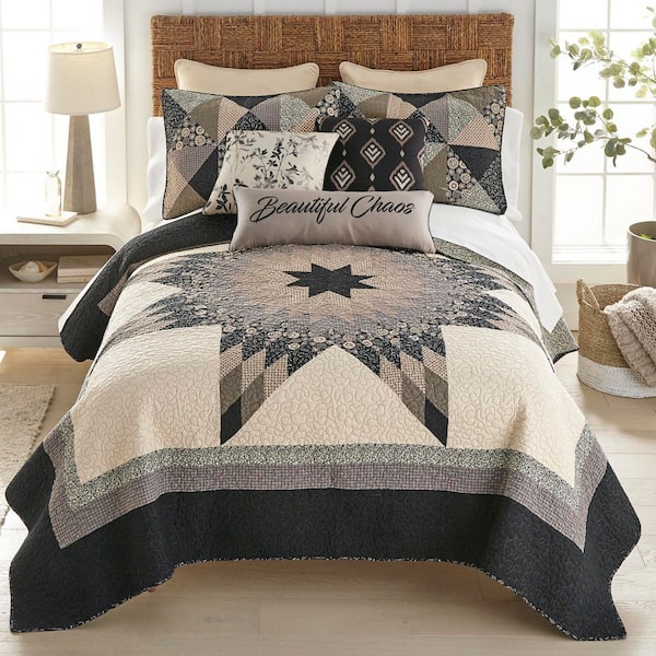 DONNA SHARP Lexington Star 3-Piece Black and Beige Cotton King Quilt Set 51725 - The Home Depot