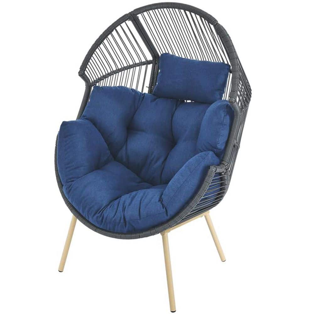 Bestier Patio Wicker Indoor/Outdoor Egg Lounge Chair with Blue Cushions ...