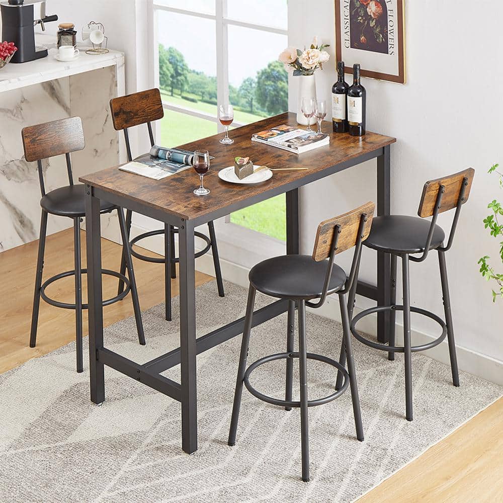 YOFE 5-Piece Rustic Brown Wood Top Bar Table Set w/PU Soft Seat and ...