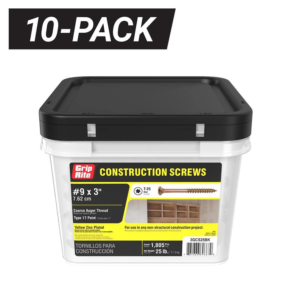 Grip-Rite 10-Pack, 9 x 3 in. Star Drive Flat Head Coarse Construction Wood Screws (250 lb ...