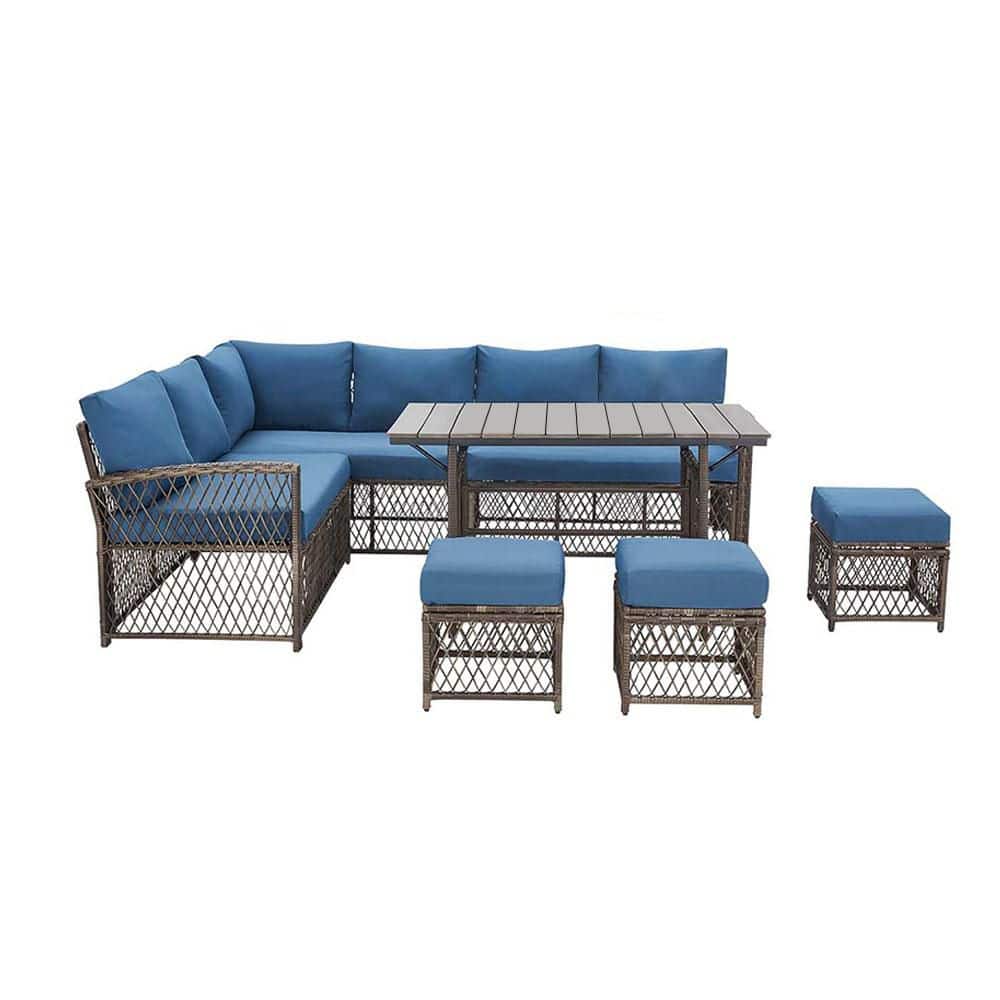 Sudzendf Grey 7-Piece Wicker Patio Conversation Set with Dark Blue ...