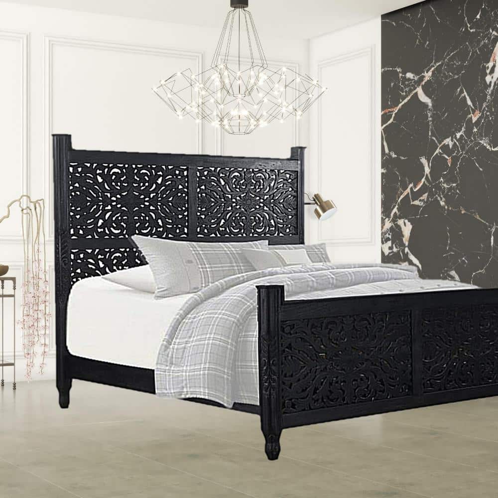 HomeRoots Bernadette Black Wood Frame King Panel Bed with Solid Wood ...