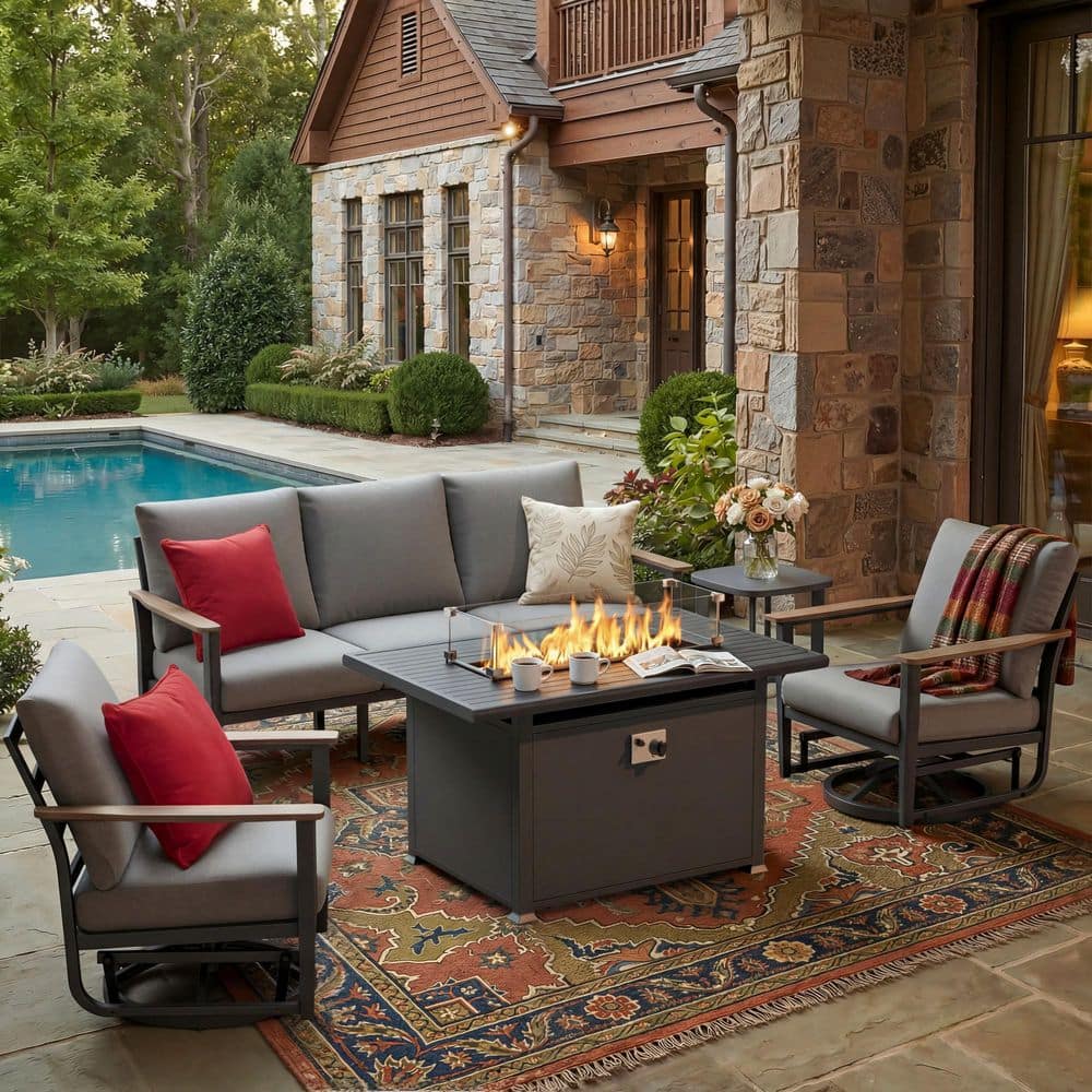 muphyers 5-Piece Patio Conversation Set with 55000 BTU Fire Table, 3 ...