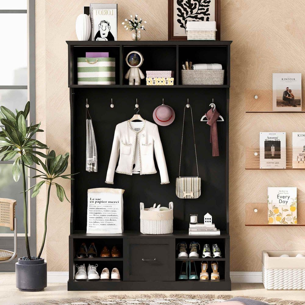 Polibi 57 in. Hall Tree with 6 Hooks, Coat Hanger, Entryway Bench, A ...