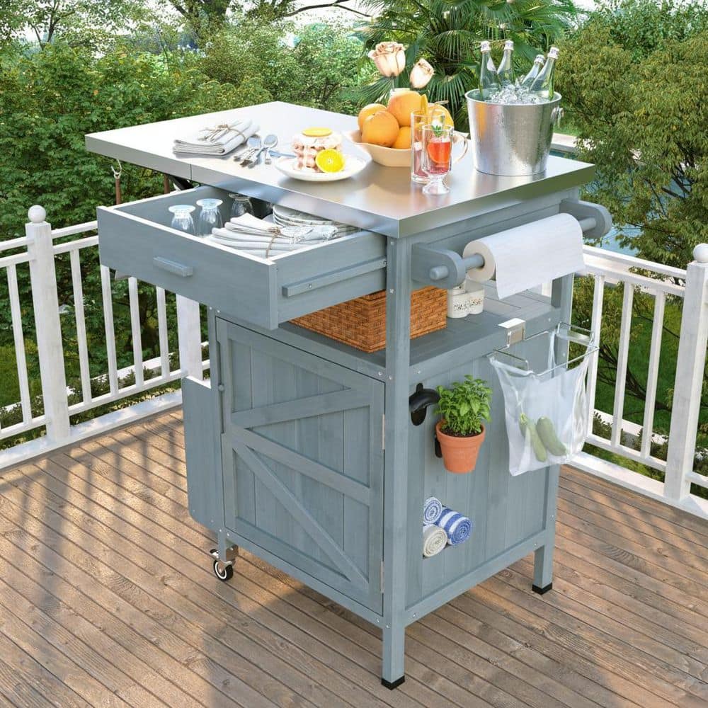 Runesay Rustic Gray Blue Steel 40.5 in. Outdoor Drop Leaf Kitchen ...