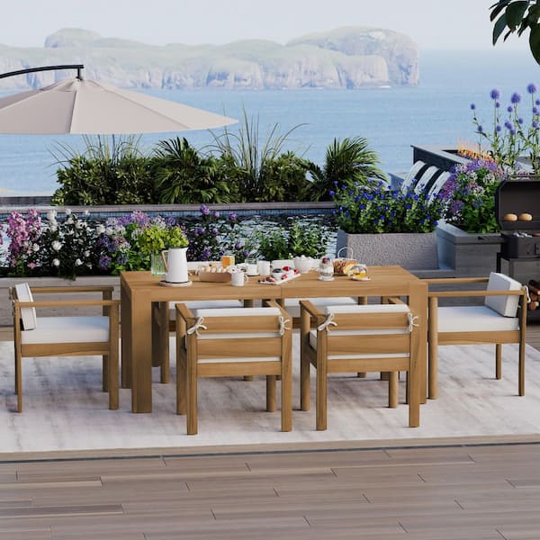 TIRAMISUBEST Light Teak 7-Piece Wood Rectangle Outdoor Dining Set with Beige Cushions JMXS000150 ...