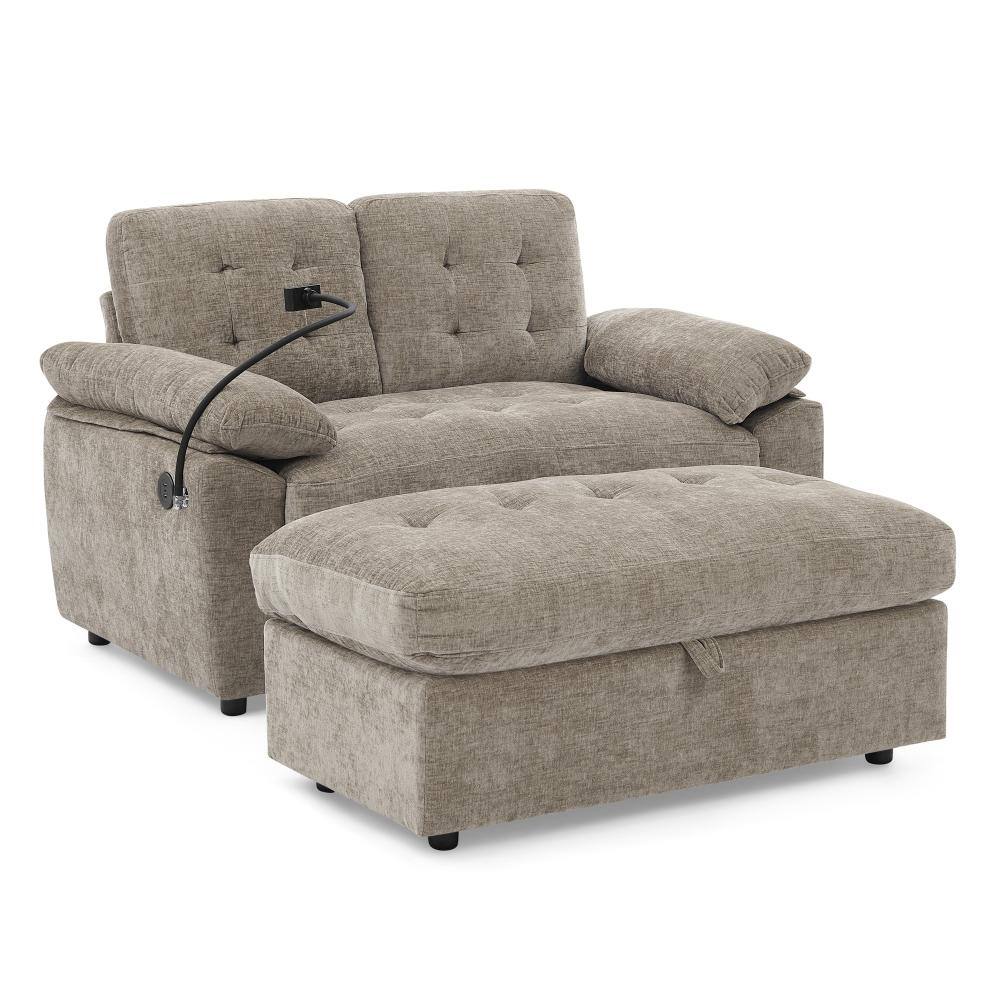 UOI Brown Chenille Fabric Double Recliner Sofa with Manual Adjustable ...