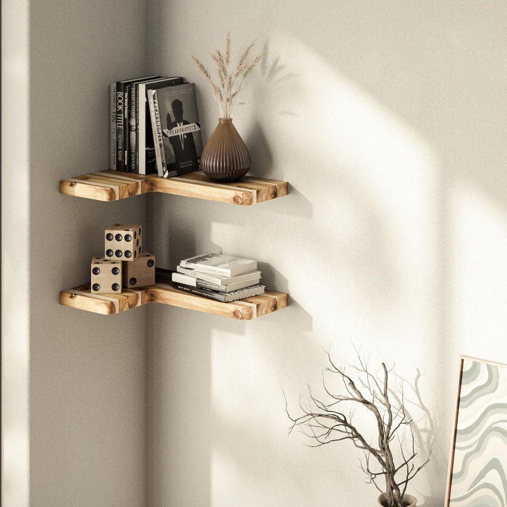17 in. W x 12 in. D Natural Acacia Wood Corner Decorative Wall Shelf ...