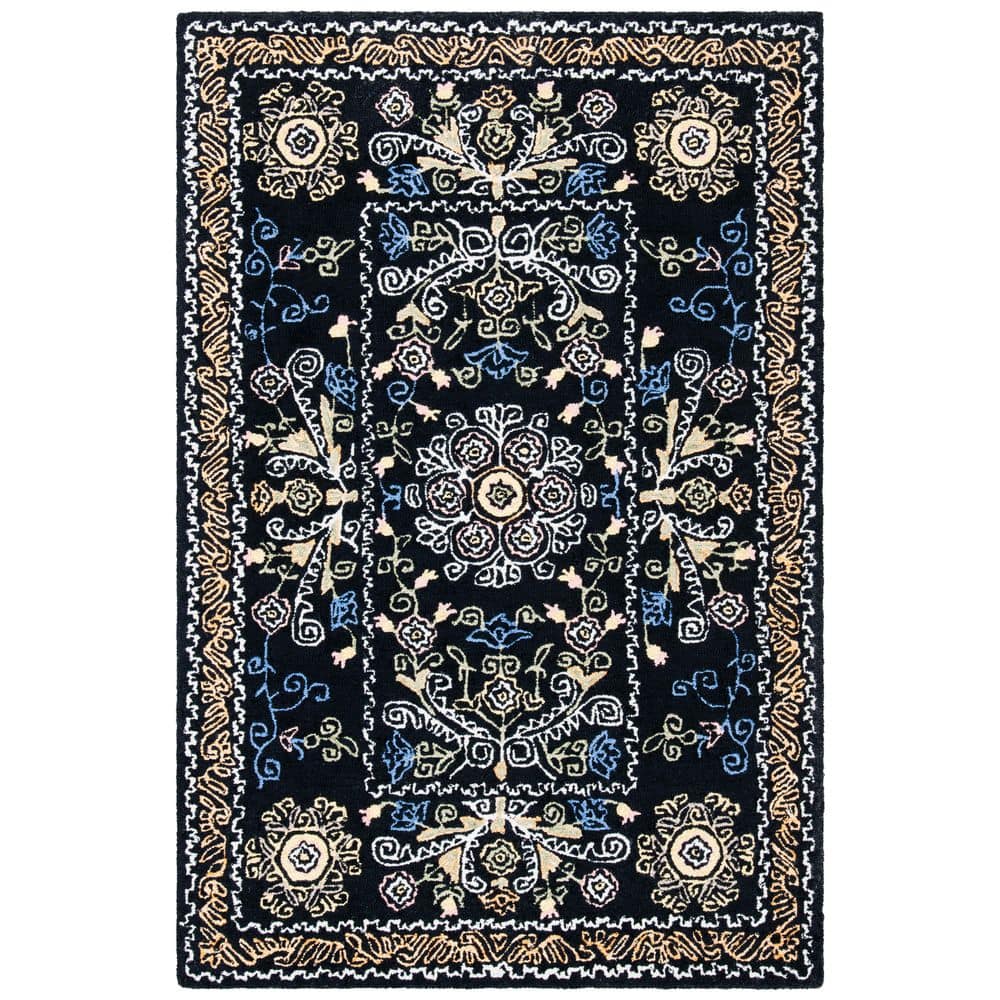SAFAVIEH Micro-Loop Black/Green Doormat 3 ft. x 5 ft. Floral Border ...