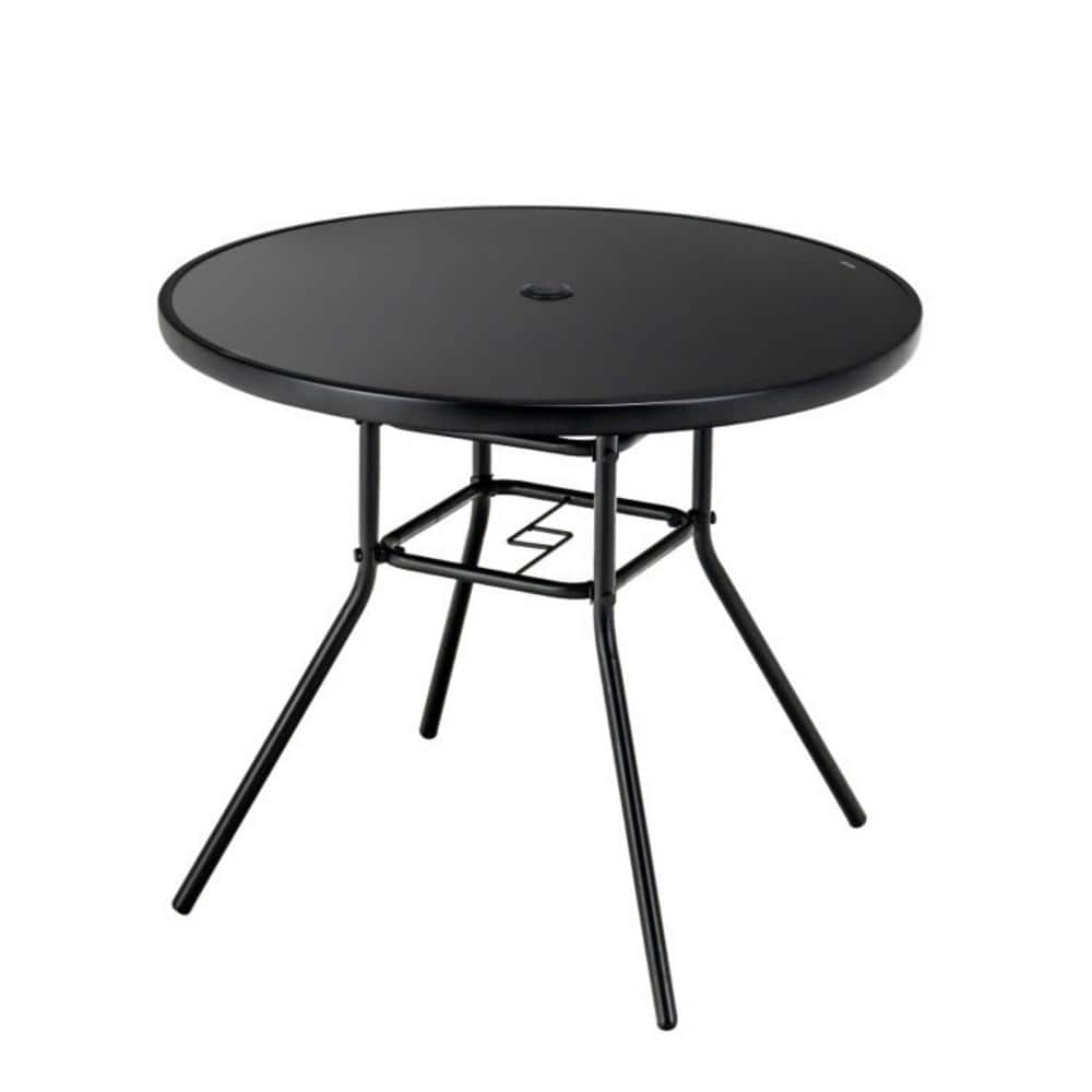 LIVIZA 34 in. Round Metal Outdoor Dining Table in Black with Umbrella ...