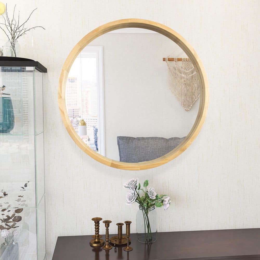 GOSALMON 30 in. W x 30 in. H Round Wood Frame Natural Mirror, for Wall ...