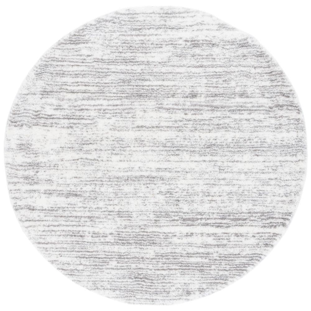 SAFAVIEH Jasmine Shag 7 ft. x 7 ft. Ivory/Gray Distressed Striped Round ...