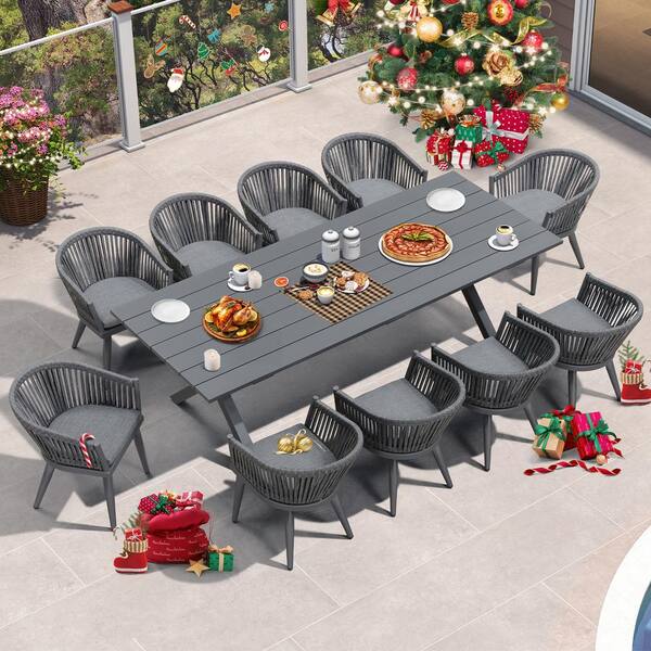 PURPLE LEAF 11 Piece Aluminum All Weather PE Rattan Rectangular Outdoor Dining Set with Cushion Grey PPL03 OL11 250 GY 2 The Home Depot