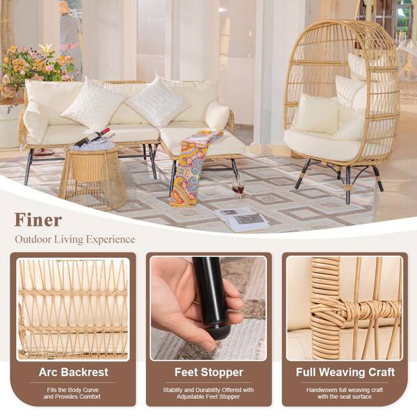 4 Pieces Boho Beige Wicker Patio Conversation Sofa Set with Ice Bucket Egg Chair with Beige Cushions