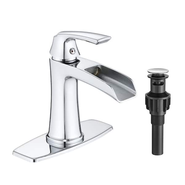 FLG Single Handle Single Hole Waterfall Bathroom Faucet with Drain ...