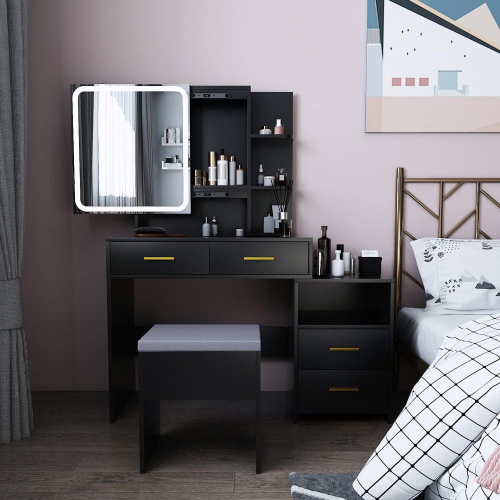Outopee 2-Piece Black Makeup Vanity Set with 4-Drawer 1-Locker 2-Tier ...