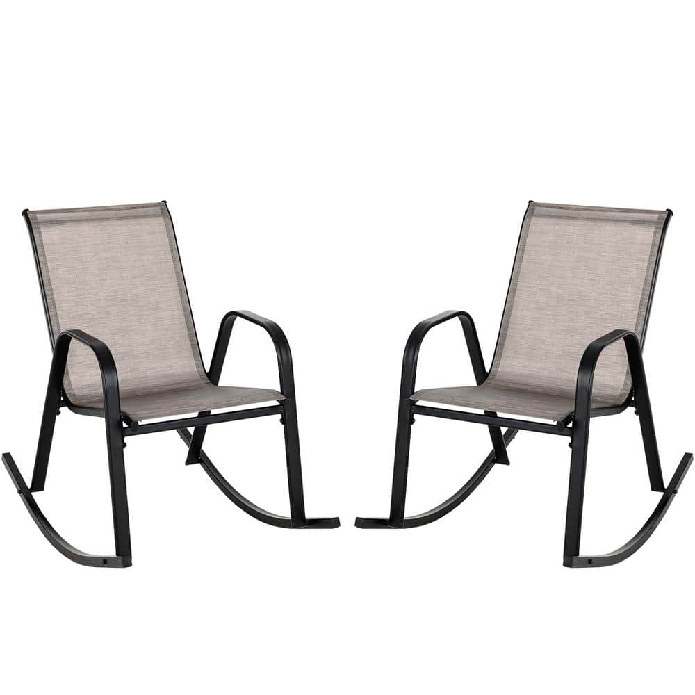 Costway 2-Pieces Brown Patio Metal Outdoor Rocking Chair Heavy-Duty ...