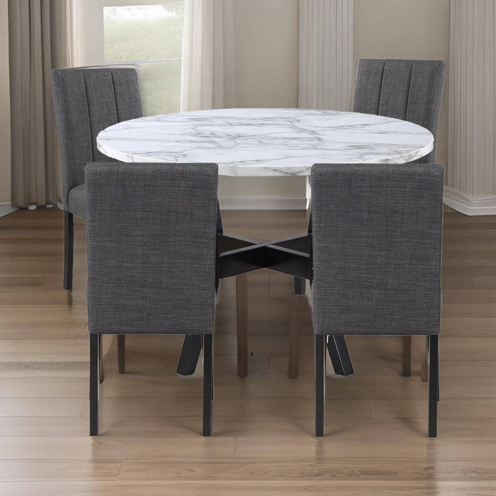 Benjara 5-Piece Round White, Black and Gray Faux Stone Top Dining Table ...