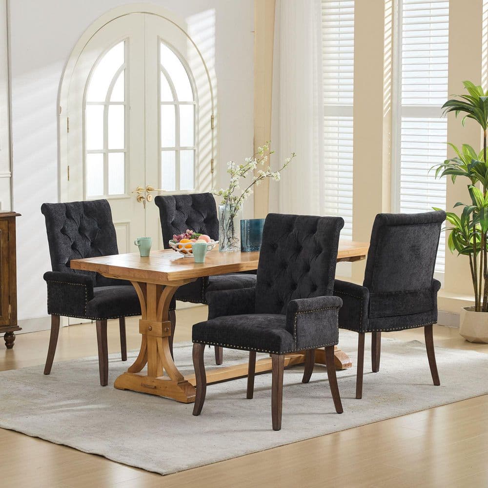 Seafuloy 27.2 in. Black Chenille Accent Dining Chair with Curved Solid ...