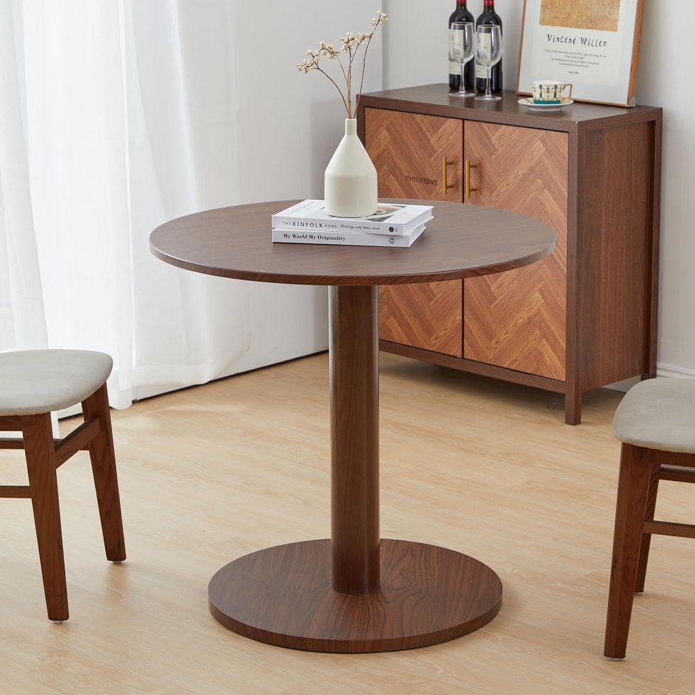 ATHMILE Walnut Wood 31.49 in. W Circle Pedestal Base Dining Table 4 ...