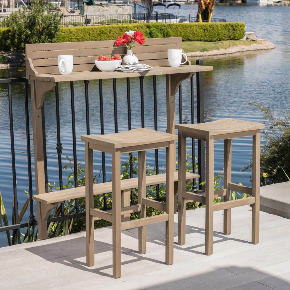 3-Piece Grey Acacia Wood Outdoor Bar Stool, Balcony Bar Set with Bottom ...