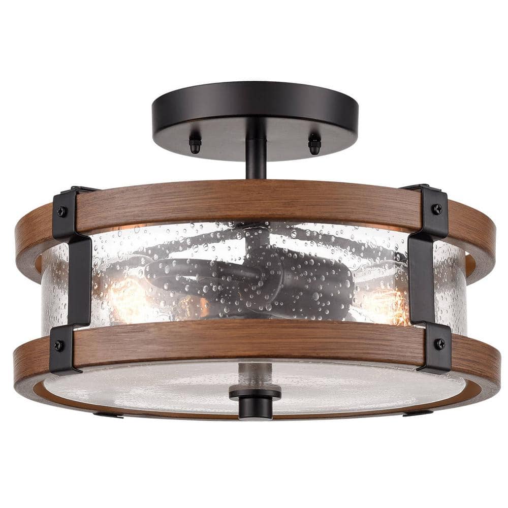 CLAXY 15.5 in. 2-Light Black Modern Semi-Flush Mount with Seeded Glass ...