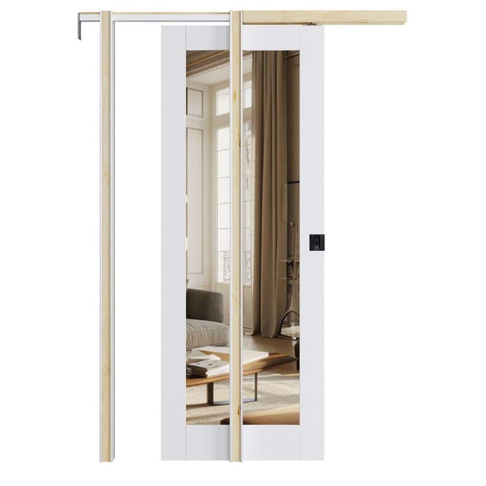 ARK DESIGN 30 in. x 80 in. 1-Lite Mirrored Glass White Door with Pocket ...