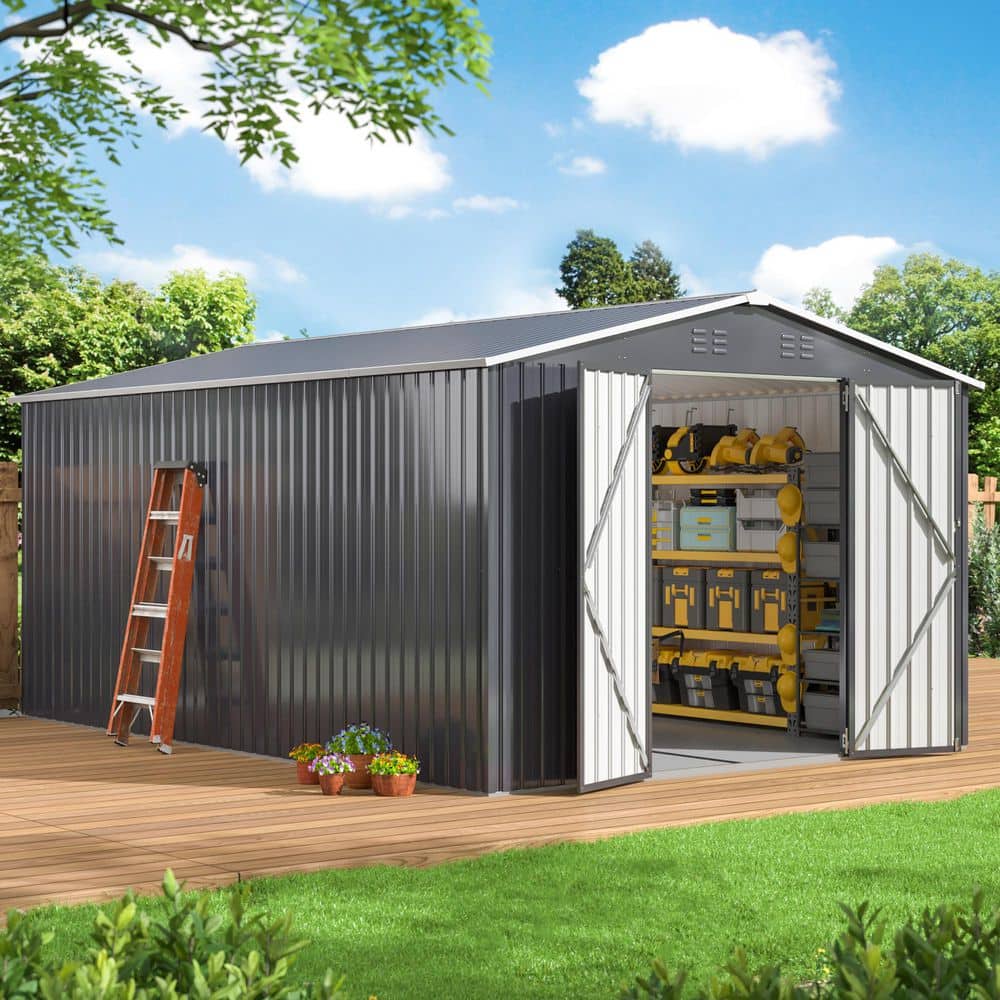 VIWAT 10 ft. W x 14 ft. D Outdoor Metal Shed Storage with Floor, updated Frame Structure and ...