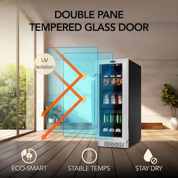 12 in. 75 12 oz. Can Built in Beverage Fridge Cooler w Lock Temp Controls Glass Door Stainless Steel