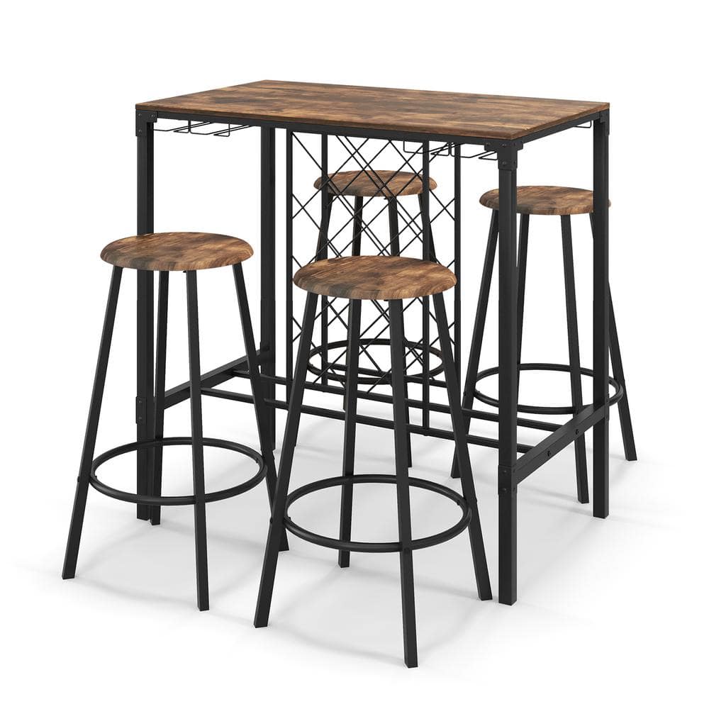 Costway 5PCS Bar Table and Stools Set Industrial Bistro Set with Wine ...