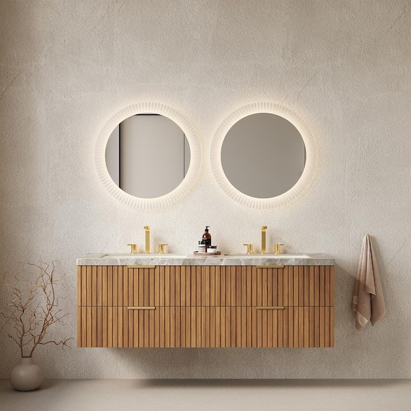 Afhocomp 60in. Floating Double Sink Espresso Bath Vanity with Light ...