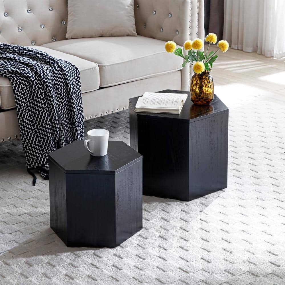 Zeus & Ruta Set of 2 Black Nesting Hexagon Coffee Tables with MDF For ...
