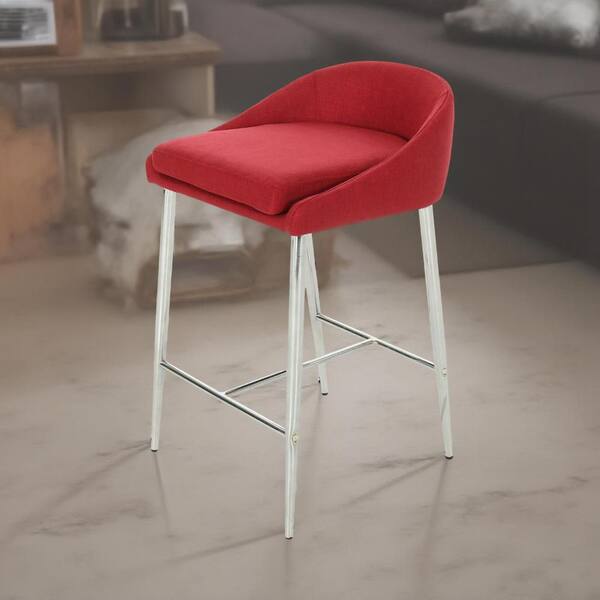 Benjara Yoko Red and Chrome Metal Frame Counter Stool Chair with ...