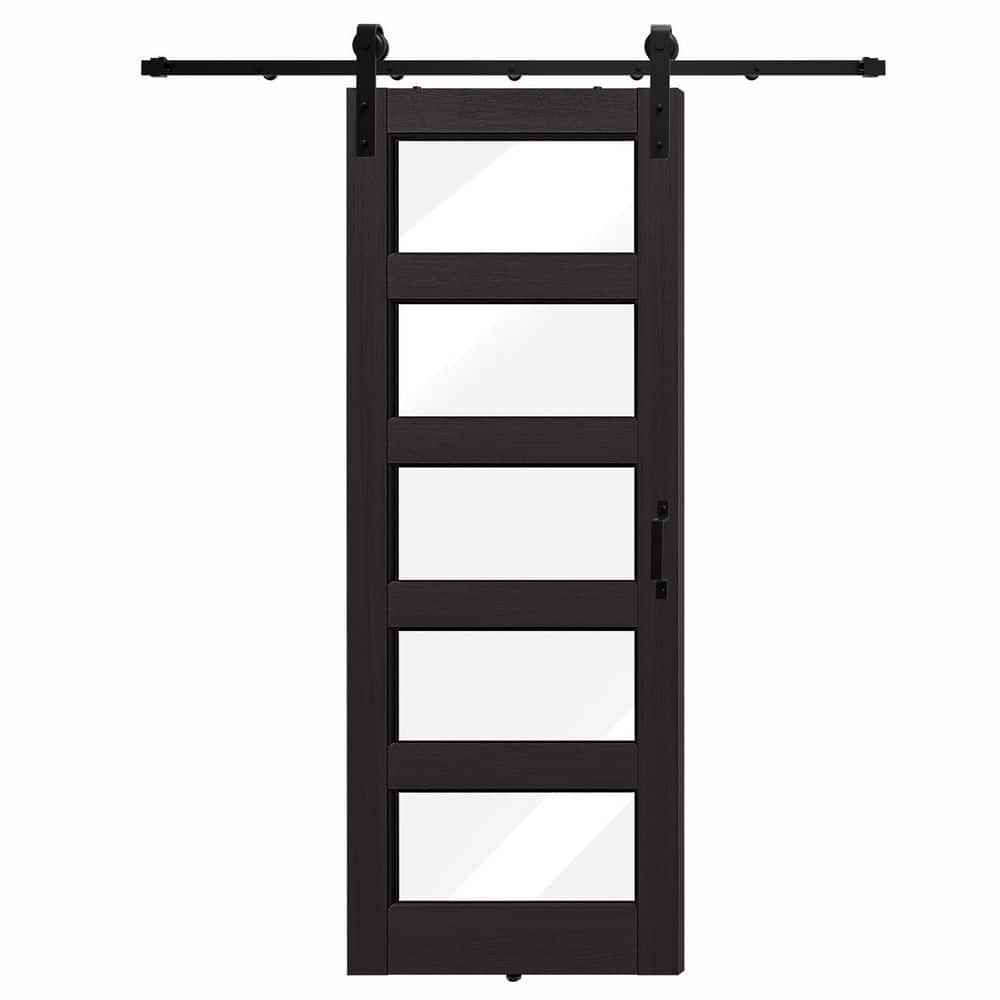 TENONER 30 in. x 80 in. 5-Lite Clear Glass Panel Black PVC Covering MDF ...