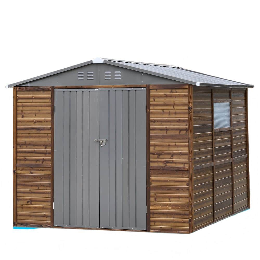 GWRGWR 8 ft. x 8 ft. Outdoor Lockable Iron-Wood Storage Shed with Side ...