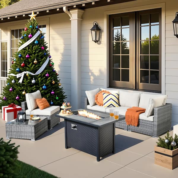 HOOOWOOO Helene Gray 6-Piece Wicker Outdoor Fire Pit Furniture Set ...