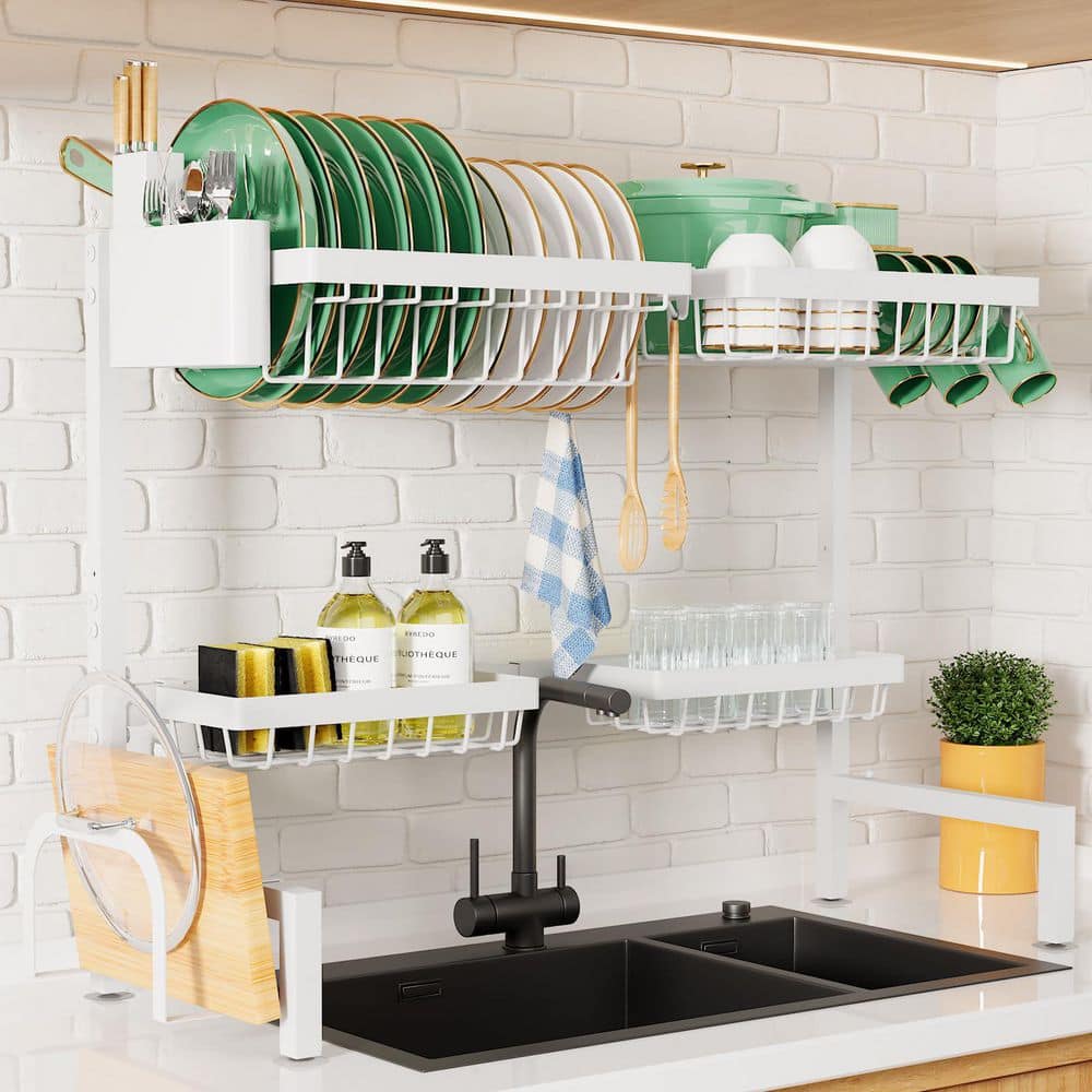 Wudkey White Adjustable Over The Sink Dish Rack with Multifunctional ...