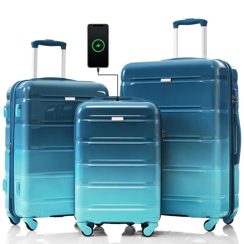 Merax 3-Piece Blue 20 in. 24 in. 28 in. ABS and PC Hardshell Spinner ...