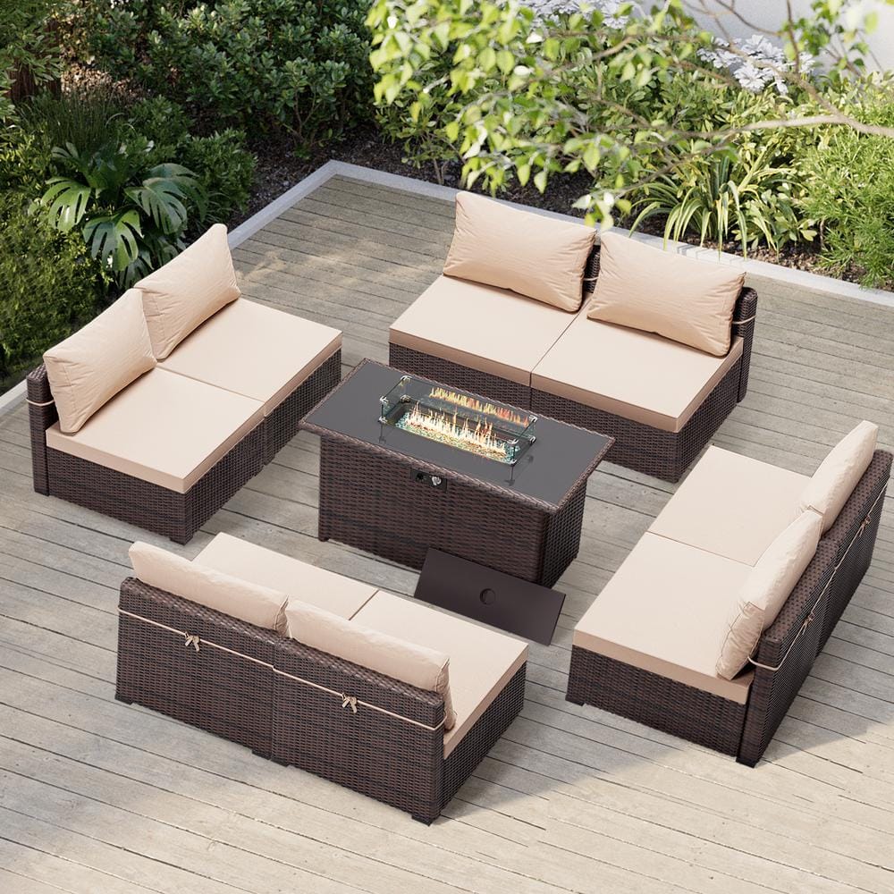 UPHA 8-Person Wicker Patio Conversation Seating Set with Fire Pit Table ...