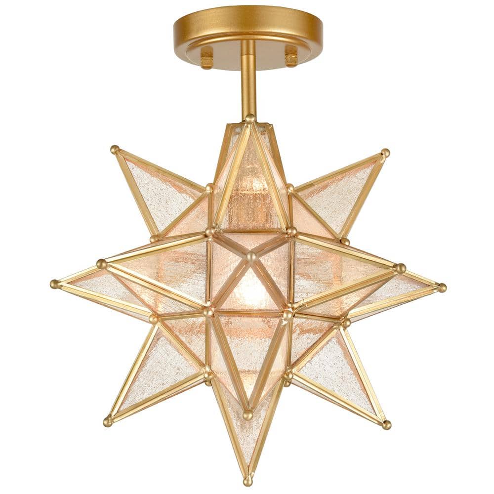 CLAXY 13 in. 1-Light Gold Modern Semi-Flush Mount with Seeded Glass ...