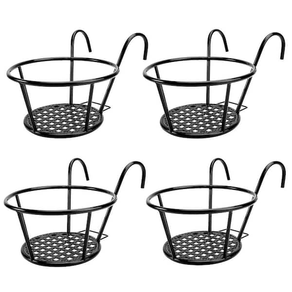 Oyezvary 4-Piece Black Round Hanging Wrought Iron Railing Planter, Rail ...