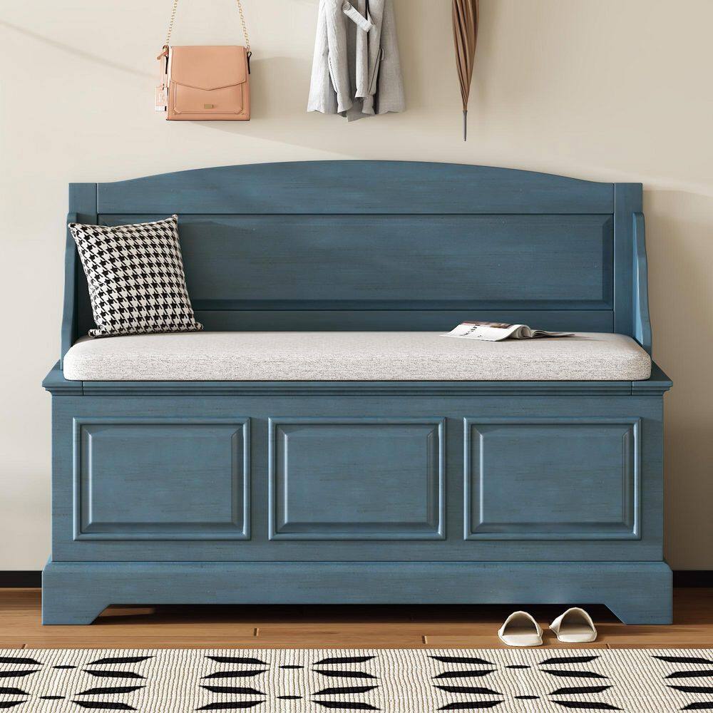 Qualler Antique Navy Shoe Bench with Cushion and Hidden Storage Space ...