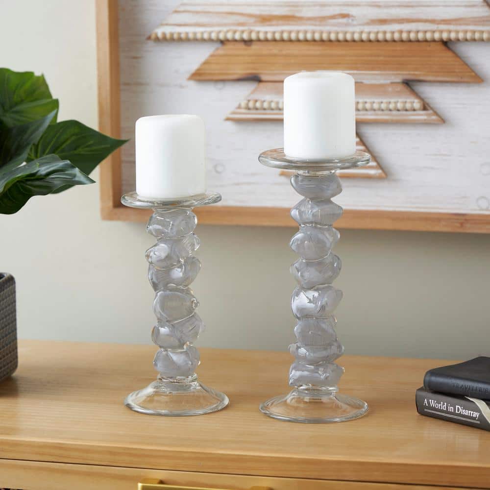 Litton Lane Clear Glass Handmade Stacked Stone Candle Holder (Set of 2 ...