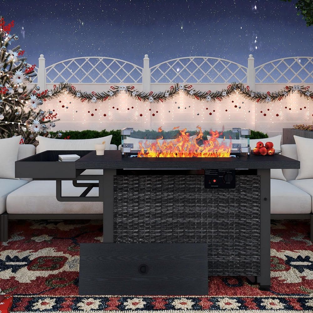 AURA OUTDOOR 52 in. 50,000 BTU Wicker Outdoor Propane Fire Pit Table with Storage Shelf, Glass ...