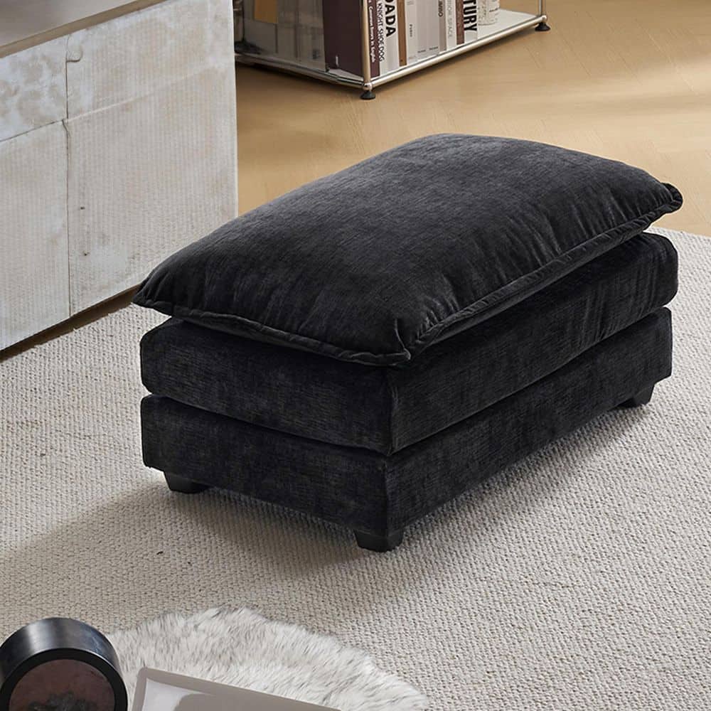 Karl home Double-Layer Cushion Black Chenille Rectangle Medium Ottoman ...